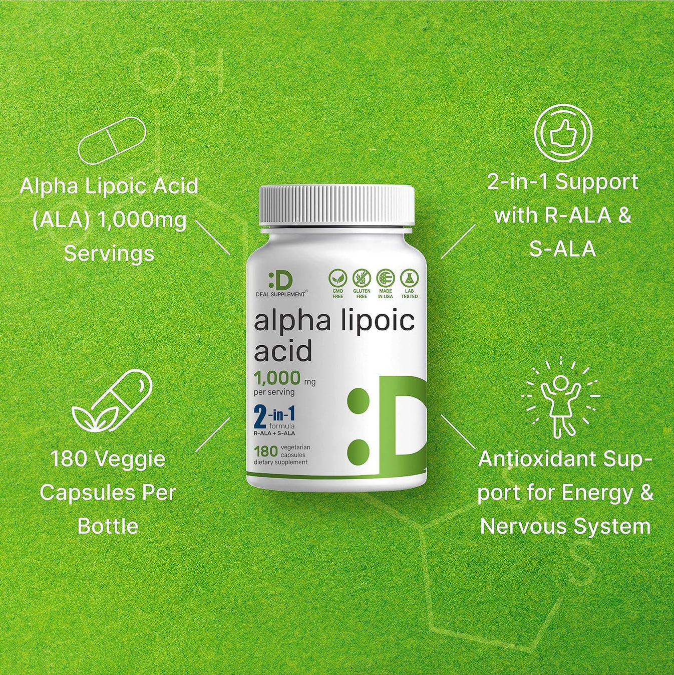 ACIDO ALFA LIPOICO DEAL 1000 MG 180 CAPSULAS SIN GMO ALPHA LIPOIC ACID ...